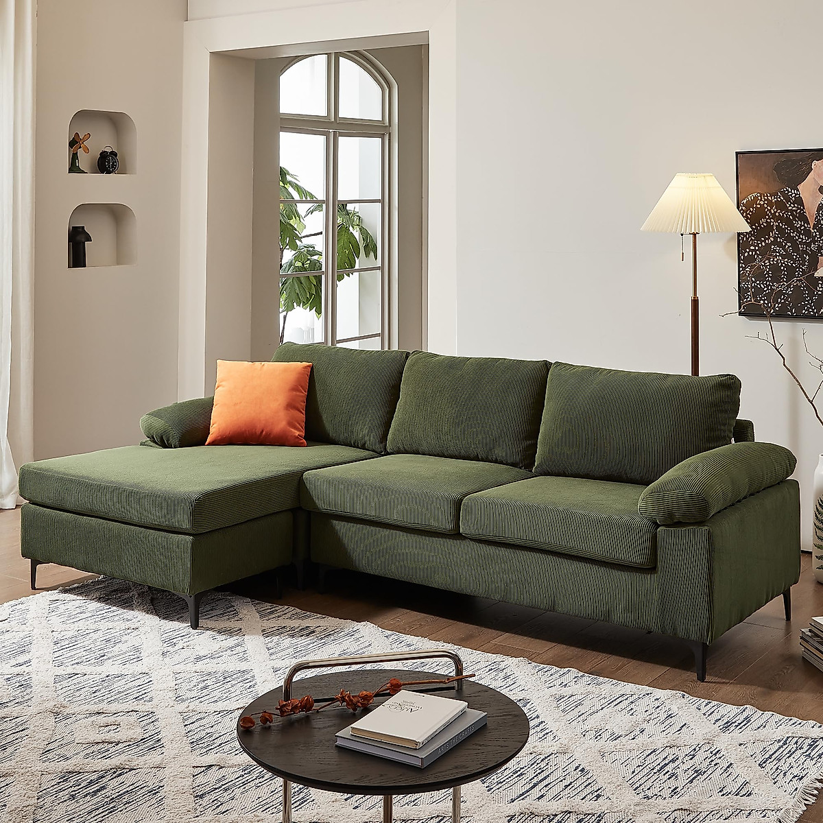 XIZZI 100" Corduroy Sectional Sofa Couches for Living Room,Green L Shaped Sofa Couch with Reversible Chaise,Comfy 3 Seat Reversible Sofa for Bedroom Office Apartment Convertible Couch (Green)