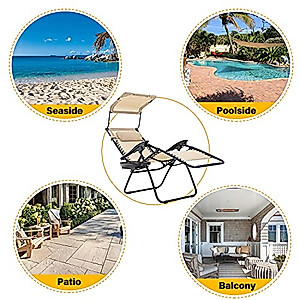 FDW 2 PCS Zero Gravity Chair Lounge Chairs Patio Chairs with Canopy Cup Holder for Outdoor Patio Seaside (Tan)