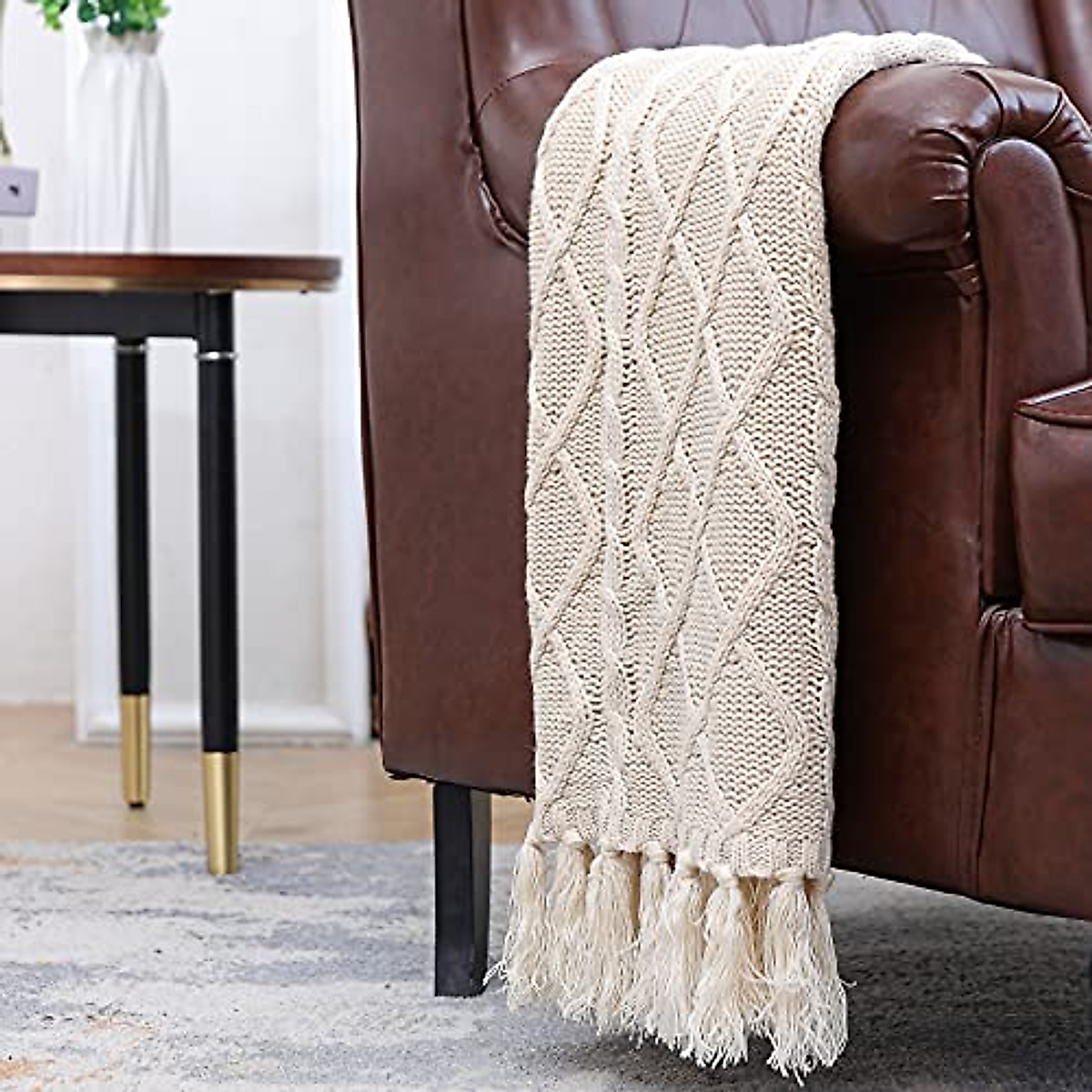 Solid Soft Cozy Cable Knitted Blanket Throw, Lightweight Decorative Textured Cream Throw Blanket with Fringes for Couch Chairs Bed Sofa,Beige, 50"x 60"