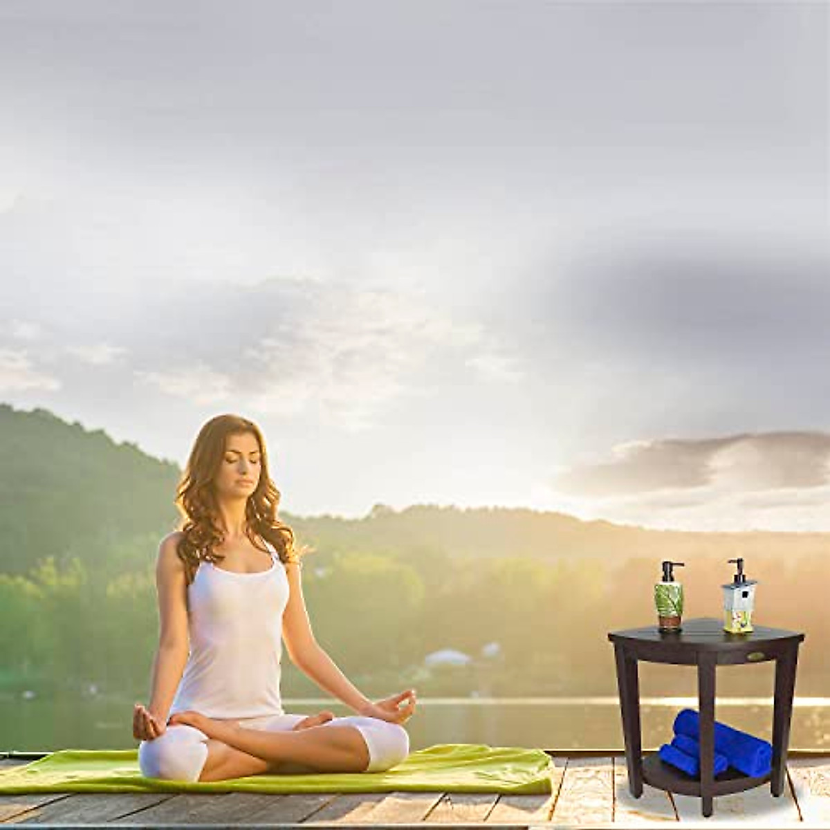 Decoteak Corner Shower Bench Teak Wood Corner Shower Stool with Shelf Extended Height SnazzyCorner Shower Foot Stool for Indoors and Outdoors - 23 inches Tall