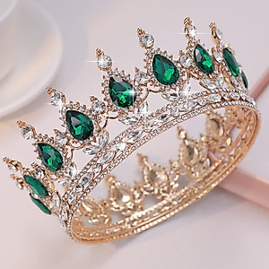 Kamirola Vintage Royal Queen Teardrop Rhinestone Diadem Tiaras Crown Pageant Prom Diadem Bride Wedding Hair Jewelry Accessories (Green-gold)