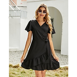 Naggoo Womens Wrap Dress V Neck Trendy Polka Dot Ruffle Short Sleeve Evening Mini Dress (Large, Solid Black)