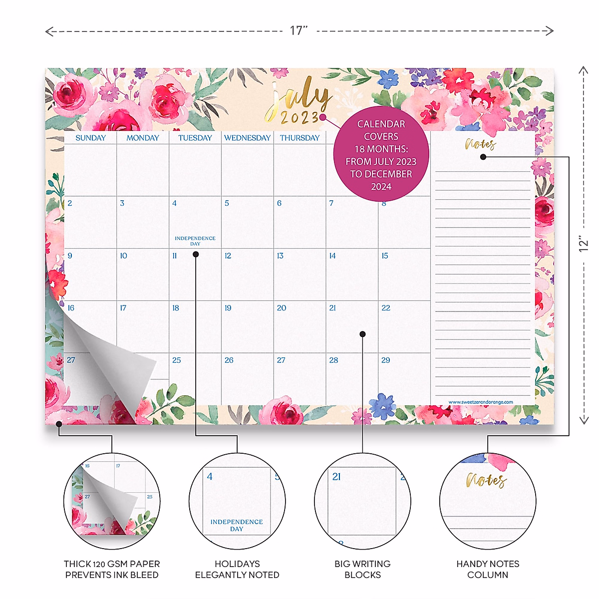 S&O Watercolor Floral Large Tear-Away Table Calendar 2024 - Desktop Calendar Runs from Now to Dec - 12x17in