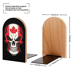 Canada Flag Skull Wood Book Ends for Shelves Non-Skid Bookend Book Stand Book Holder Stopper for Home Office School