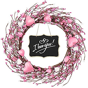 Artflower Pink Pip Berry Wreath Heart Shaped Artificial Decoration Rustic Twig Fake Garland Handmade Festival Gifts for Valentine's Day Wedding Garden Door Wall Hanging Home Indoor Office Decor