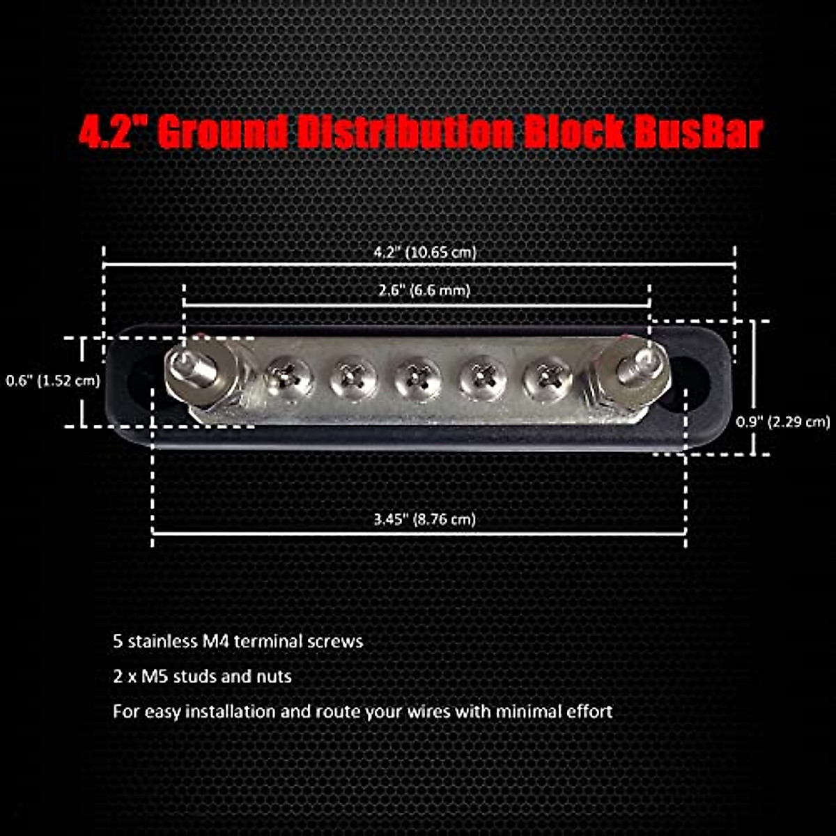 Ampper 5 Terminals Bus Bar, 4.2" Ground Distribution Block Brass Battery BusBar Junction for Car Vehicle Rv Truck Marine Boat Audio Amplifier and More (Black)