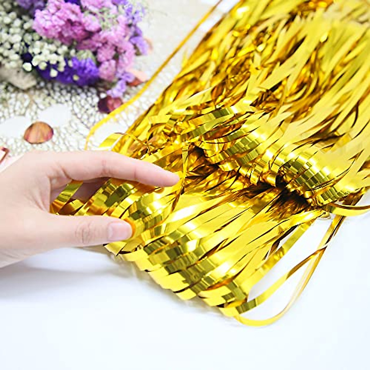 Gold Backdrop Fringe Curtain for Party Decor -6.5x6.5ft, Pack of 2 | Gold Foil Curtain Backdrop Tinsel Streamers for Bachelorette Party Baby Shower Graduation Birthday Wedding Photo Booth Backdrops