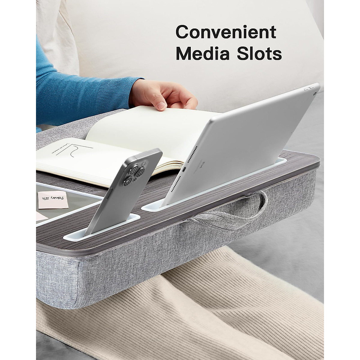 HUANUO Lap Desk - Fits up to 17 inches Laptop Desk, Built in Wrist Pad for Notebook, MacBook, Tablet, Lap Laptop Desk with Tablet, Pen & Phone Holder (Black Woodgrain)