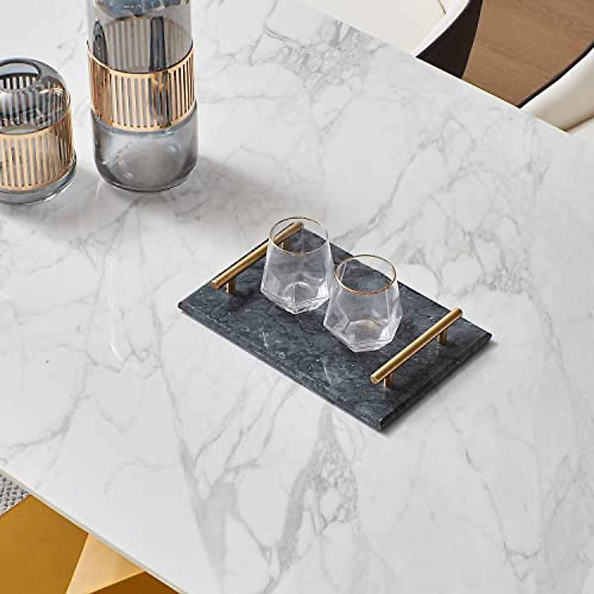 Montary 7-Piece Dining Table Set - 63" Faux Marble Table Top & X-Shaped Solid Gold Carbon Stell Legs, 1 Dining Table with 6 Dining Chairs, Morden Rectangular Dining Set for Kitchen, Resterant