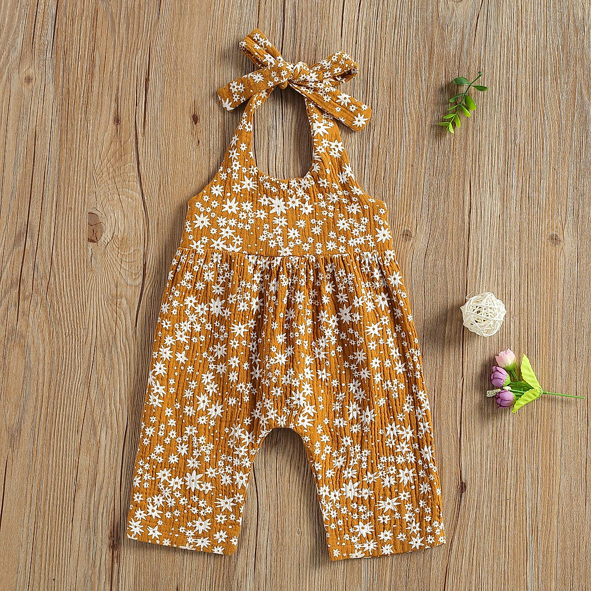 Baby Girls Daisy Playsuits Bodysuit+Headband Print Halter Romper Floral Jumpsuit Infant Summer Clothes (A-Yellow, 0-6 Months)