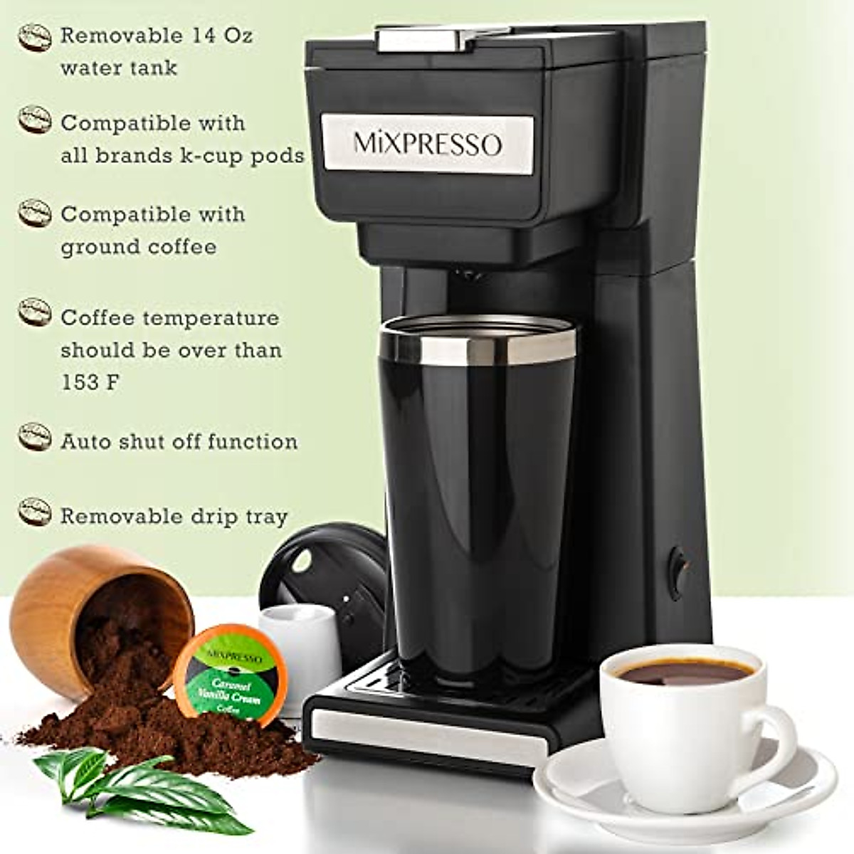 Mixpresso Coffee Maker Single Serve For Ground Coffee & Compatible With K Cup Pods, With 14oz Travel Mug & Reusable Filter For Home, Office & Camping.