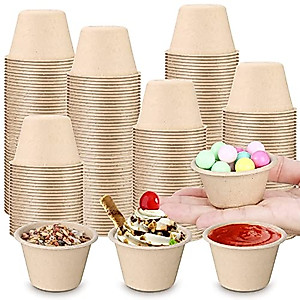 Romooa 300 Pieces Bagasse Fiber Souffle Cups Mini Paper Disposable Condiment Food Sample Small Sauce Container Portion Bowls Dipping for Snack Dessert Storage (2 oz), Beige