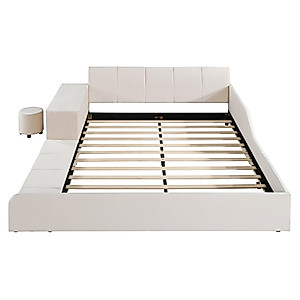 Queen Size Upholstered Grounded Bed,Mother & Child Bed with Bedside Desk and Little Round Stool,for Kids Boys Girls Bedroom Use (Beige@Desk, Queen)