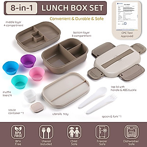 Bento Box Adult Lunch Box, Stackable Bento Lunch Container for Adults Kids, 3 Layer Portable Lunch Containers with Utensils, Sauce Jar, Muffin Liners, 63oz, Microwave & Dishwasher Safe, Brown