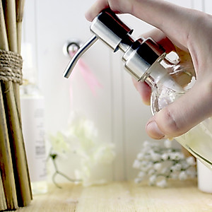 Cornucopia Brands 8-Ounce Clear Glass Boston Round Bottles w/Stainless Steel Lotion Pumps (4-Pack); Empty Refillable Liquid Soap & Lotion Bottles