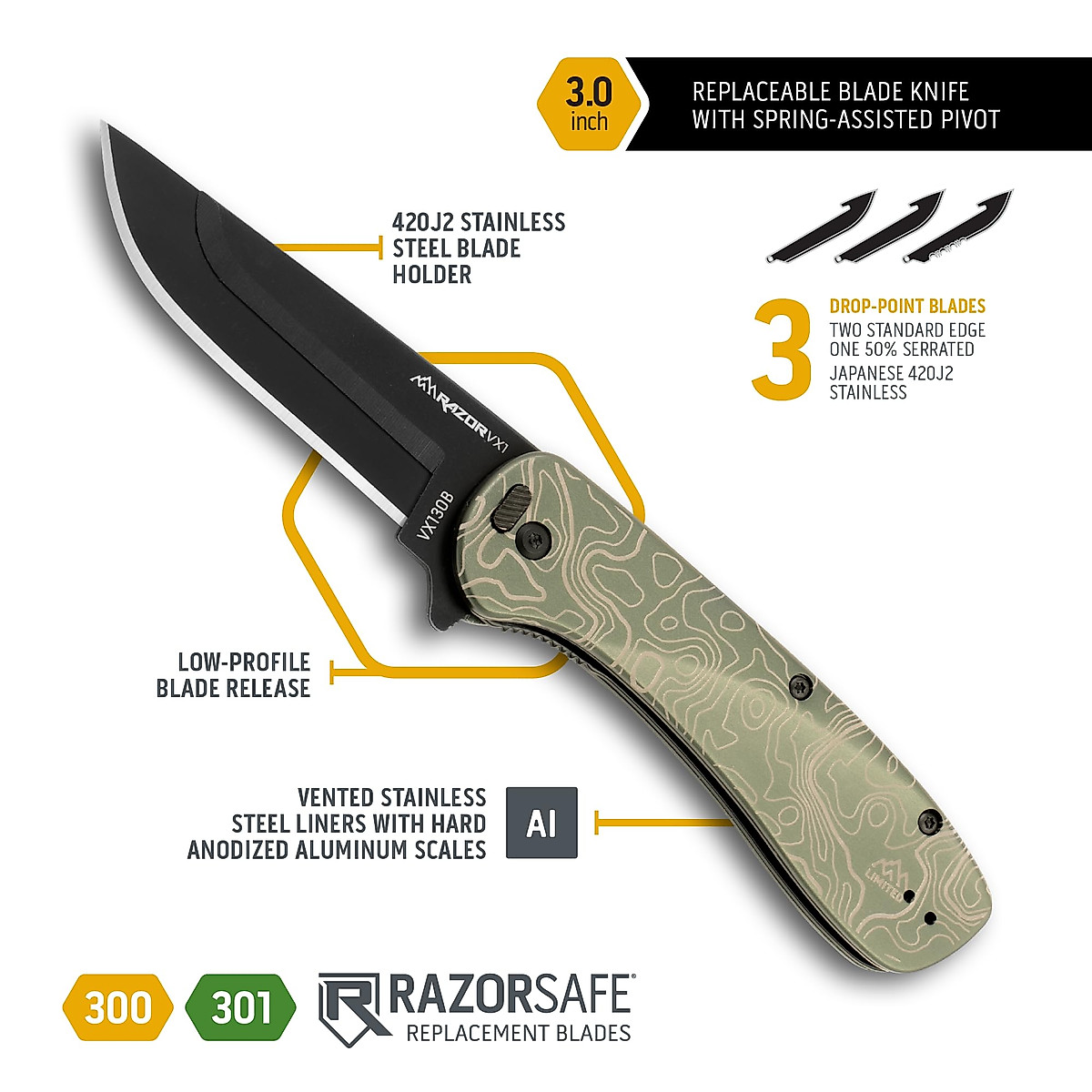 OUTDOOR EDGE RAZOR VX1 | Topo Map Etching | Replaceable Blade EDC Flipper Folding Pocket Knife | 3" Stainless Blade, Green Anodized Aluminum Handle, Reversible Pocket Clip | Cool Knife for Men