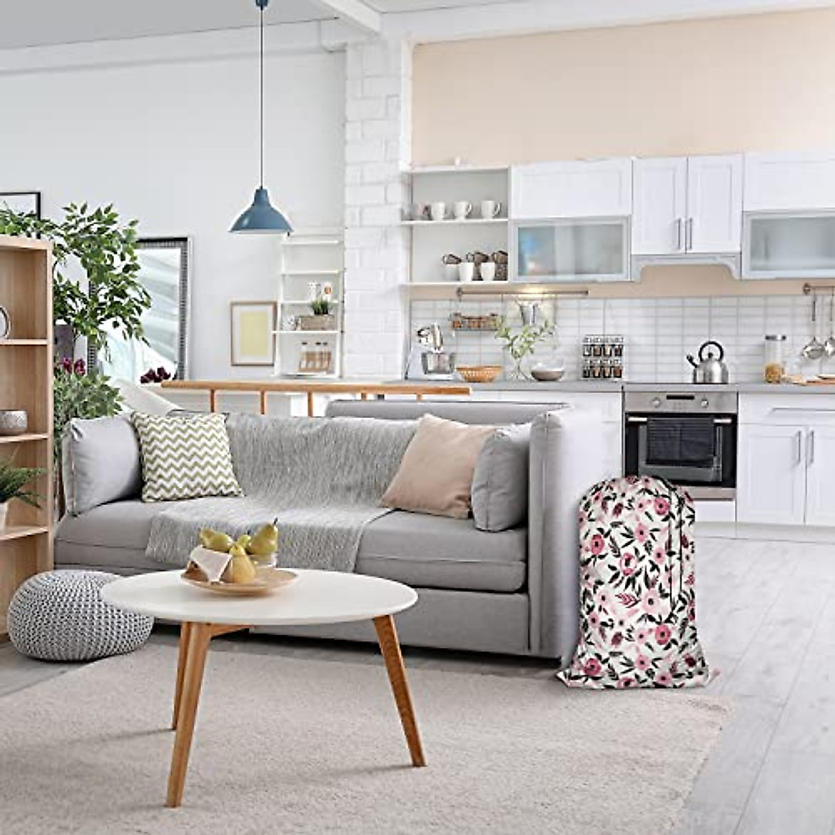 Swono Watercolor Sketch Poppy Large Laundry Bag Washable Large Dirty Clothes, Leaf Repeating Pattern Drawstring Organizer Bag, Fit Hamper Basket Camp Travel Home Dorm, Pink Black