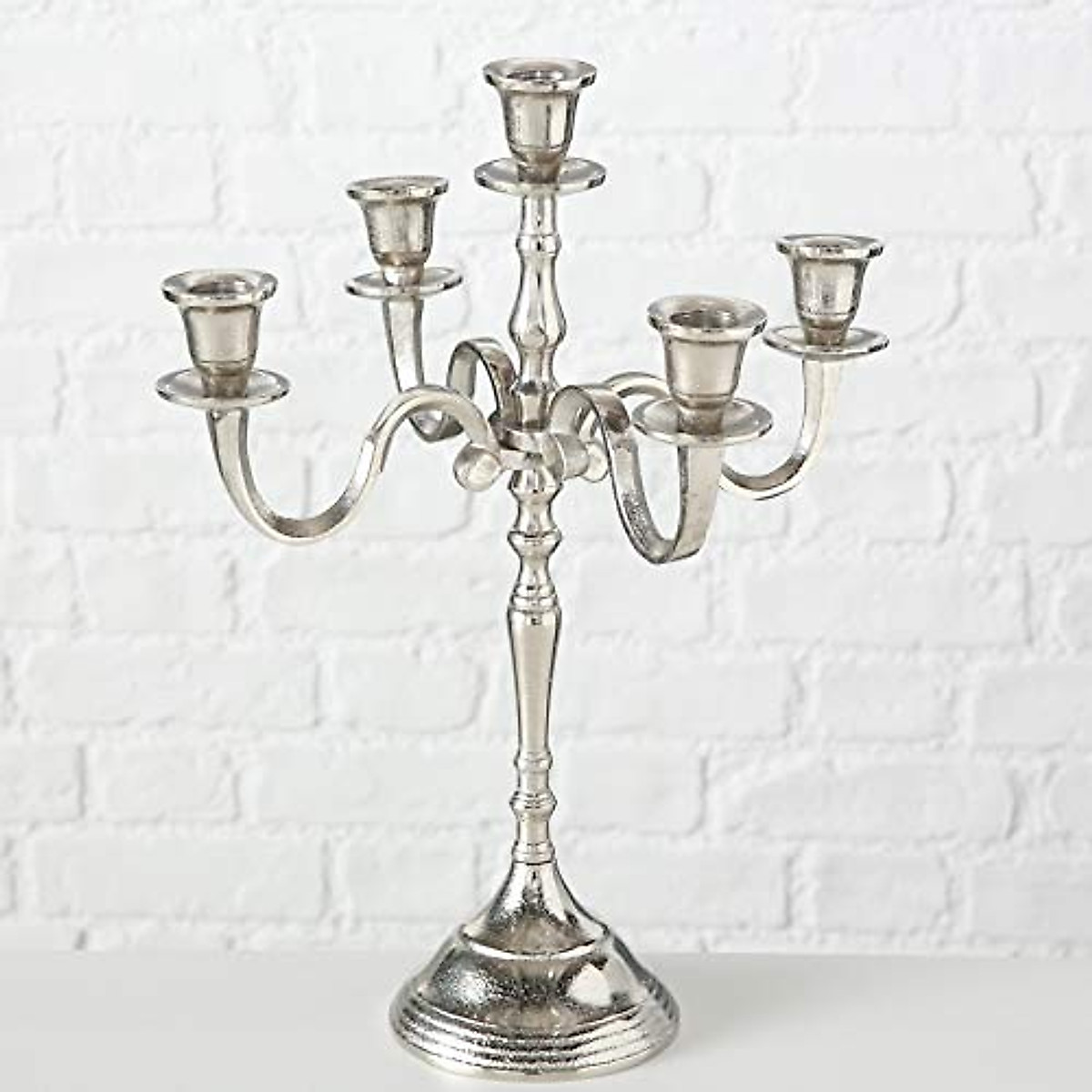 Hamptons Five Candle Candelabra, Silver Finish, Centerpiece, Hand Crafted of Cast Aluminum, Atelier Craft Surface Details, Over 1 FT High, (15.75 Inches)