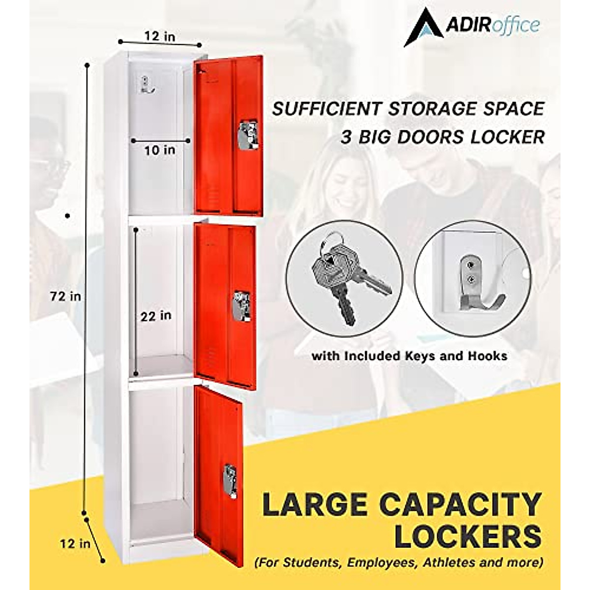 AdirOffice Large School Locker with 3 Doors 3 Hooks Storage Locker - Metal Storage Locker Cabinet Ideal for School, Garage, Office Lockers - (3 Door, Red)