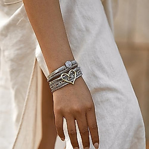 Fesciory Leopard Bracelet for Women, Boho Leather Wrap Multi-Layer Pearl Crystal Bracelet Bangle Jewelry (B33:Heart Leather(Silver))