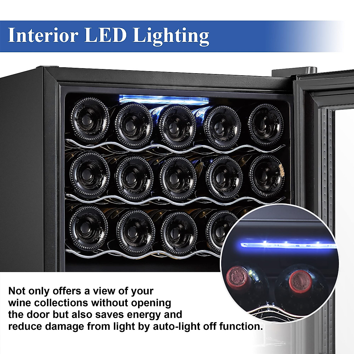 Vaykold Wine Refrigerator 19 Bottle Wine Cooler, Beverage Refrigerator Quiet Operation & LED Light Mini Fridge Glass Door, Wine Cellar for Beer, Red, White, Champagne or Sparkling Wine - Blue&gray