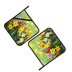 Spring Flowers and Tulips Pot Holders Set of 2 with Loop Heat Resistant Hot Pads for Cooking Baking Grilling
