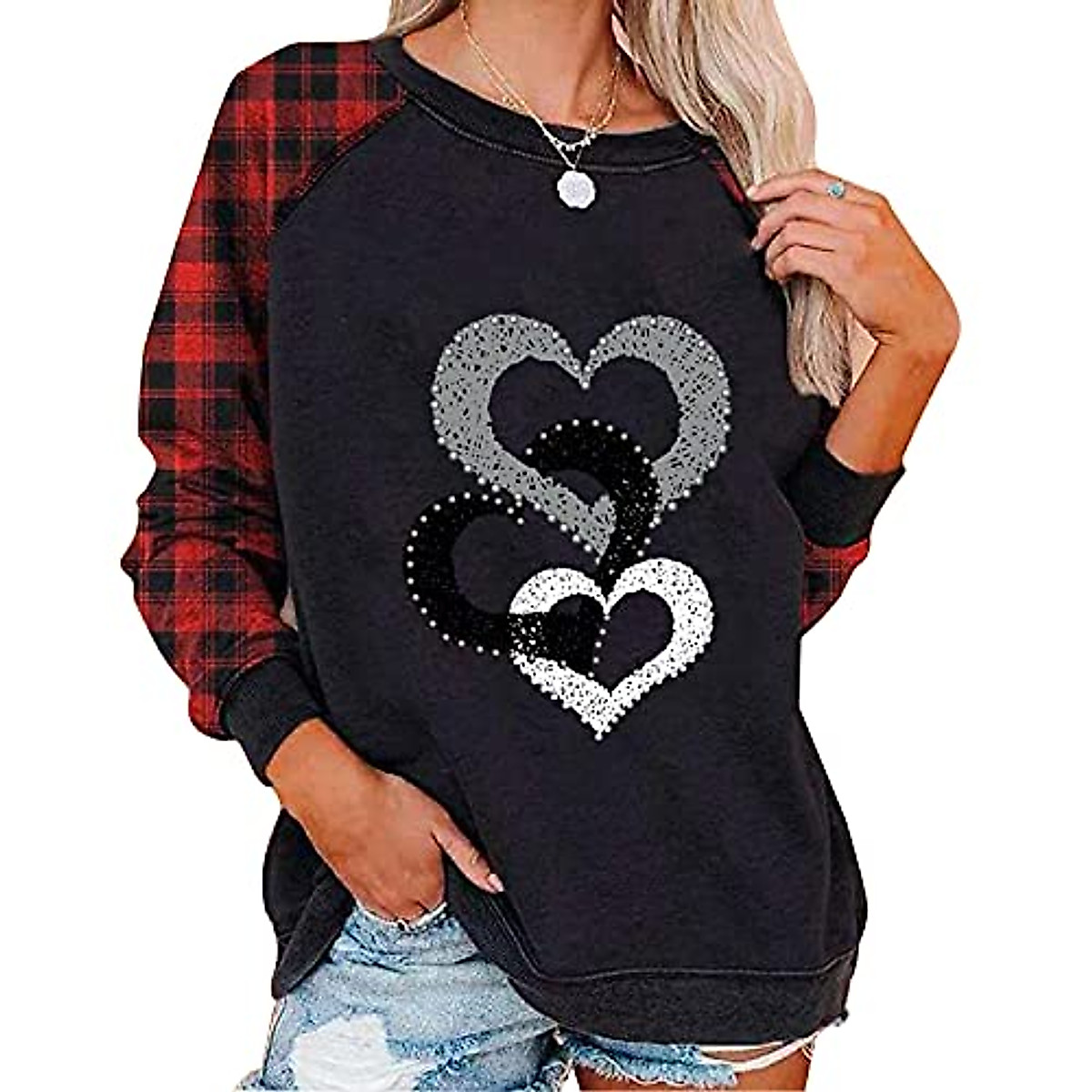 Women's Casual Halloween Lattice Stitching Sweatshirt Crewneck Blouse Top Fashion Plus Size Loose Long Sleeve Sweater Gray
