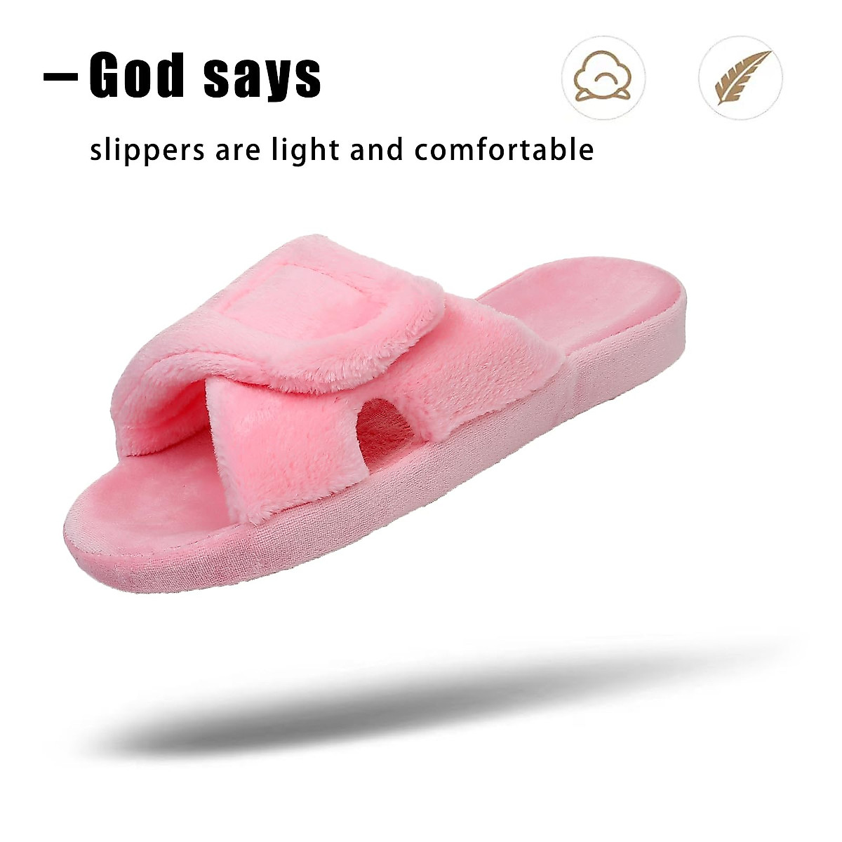 Women's Adjustable Diabetic Slippers Memory Foam House Shoes Cozy Arch Support Orthotic Heel Cup Arthritis Edema Slippers Non Slip Rubber Sole, Open Toe Fuzzy Slide Sandals for Ladies., Pink 6.5/7.5