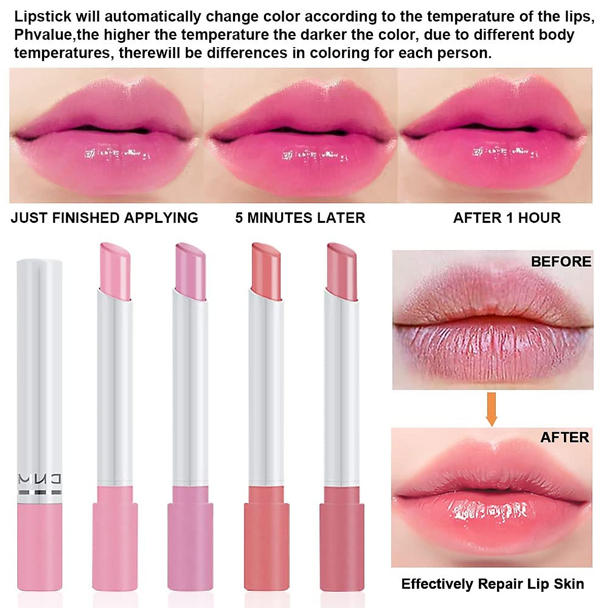 BINGBRUSH 4Pcs Color Changing Lipstick,Smoke Pipe PH Mood Long Lasting Labiales Lip Care Moisturizer Lip Balm Korean Magic Lip Gloss Tinted Stain Makeup Set for Women