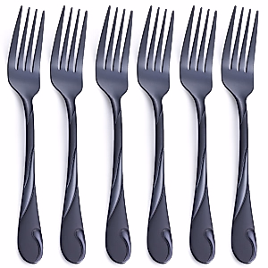 Black Dinner Fork Set, Seeshine 7.8-inch Stainless Steel Shiny Black Metal Table Fork Silverware, Set of 6