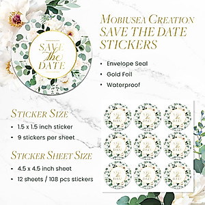 Mobiusea Creation Save The Date Stickers for Envelopes | 1.4 inch | Gold Foil | 108pcs Waterproof Invitation Stickers for Wedding, Bridal Shower, Birthday, Baby Shower, Envelope Seal Stickers