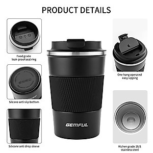 GEMFUL To Go Coffee Mug with Lid 13 oz Insulated Coffee Cups Spill Proof Travel Tumbler Leak Proof Vacuum Stainless Steel Reusable for Hot Cold Drinks Women Men (Black)