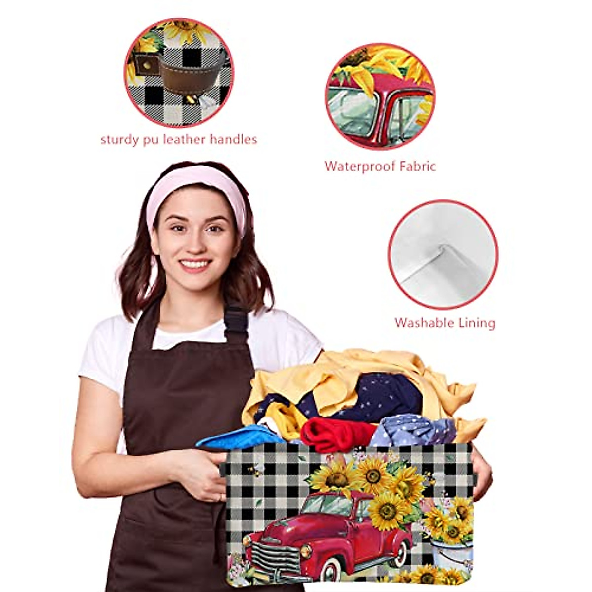 1 PC Large Storage Basket Bins Waterproof Fabric, Spring Sunflower Tulip Bee Floral Rectangular Storage Box for Shelf Closet Organizer Summer Red Truck Flower Black Plaid