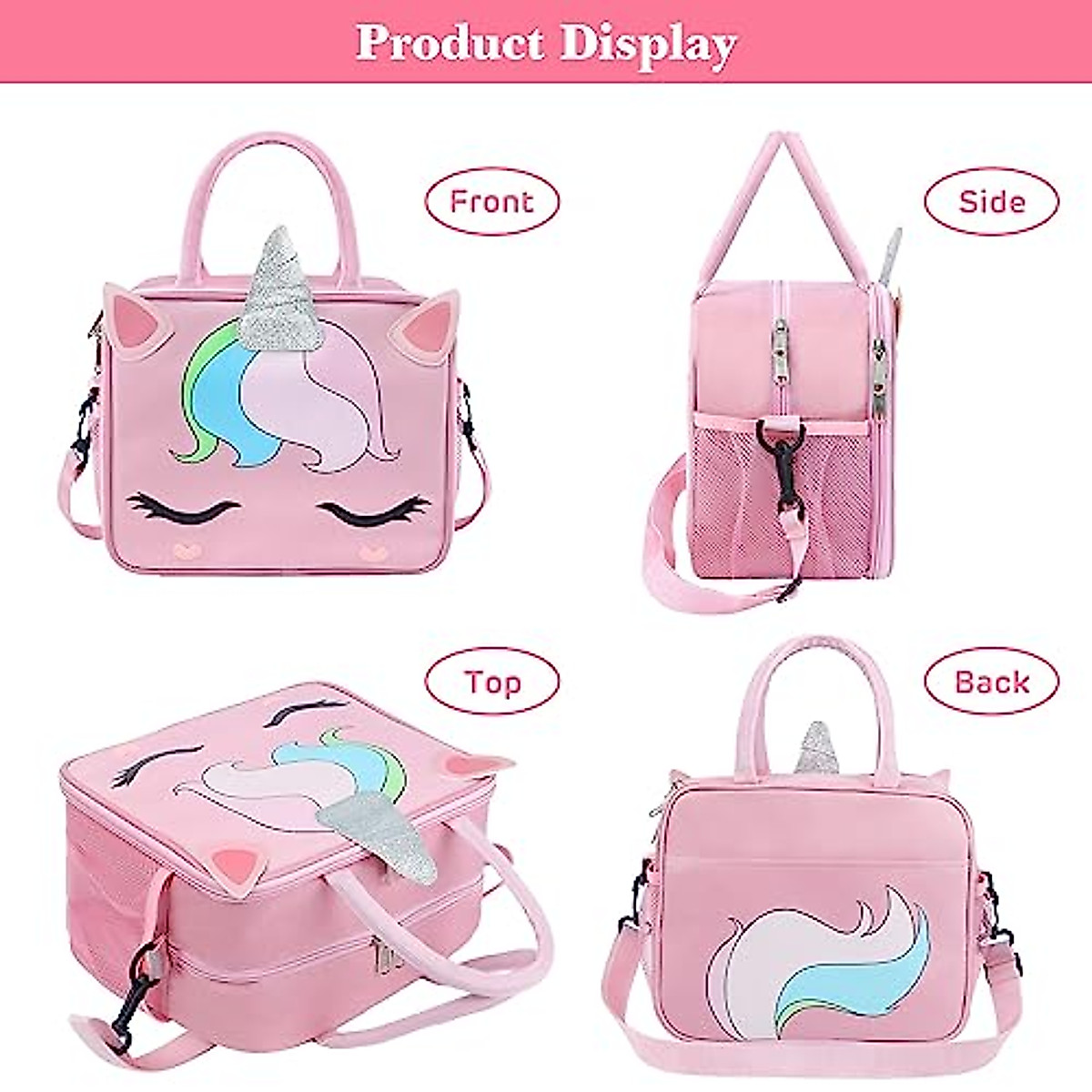 Korlon Unicorn Lunch Box for Girls, Insulated Pink Bento Lunch Bag for Girls Kids Adults Boys Men Women, Girls Lunchboxes for School with Adjustable Shoulder Strap & Water Bottle Holder