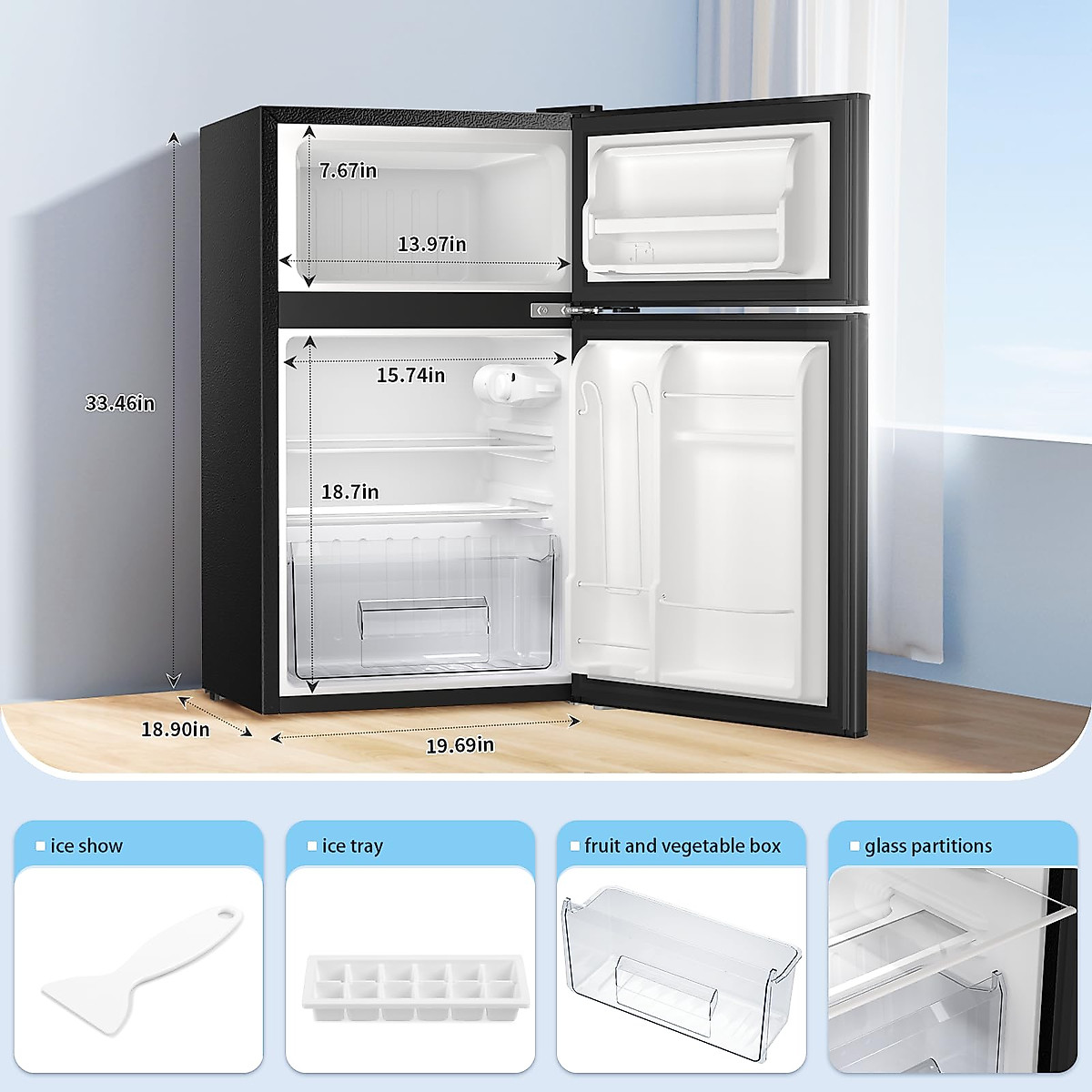 Antarctic Star Mini Refrigerator 3.2Cu.Ft Compact Fridge 2-Double Doors with a Freezer Low Noise Defrost Storage of Beverages Vegetables and Fruits for Home Office Dorm, Emboss Black