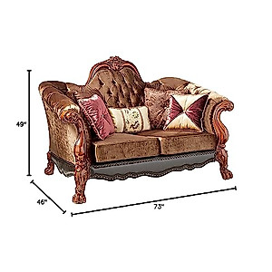 ACME Dresden Loveseat w/5 Pillows - 52096 - Golden Brown Velvet & Cherry Oak