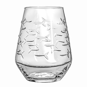 Rolf Glass | School of Fish Stemless Tumbler | 18oz Stemless Wine Glasses | Lead-Free Glass | Engraved and polished in Pennsylvania | US made (Set of 2)