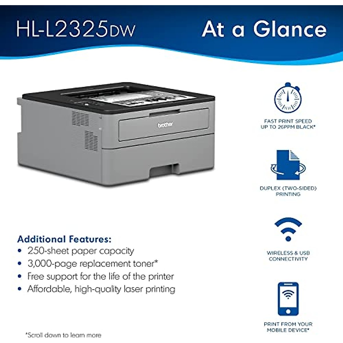 Brother HL-23 25DW Series Compact Monochrome Wireless Laser Printer - Mobile Printing - Auto Duplex Printing - USB Connectivity - Print Up to 26 Pages/min - 1-line LCD Display + HDMI Cable