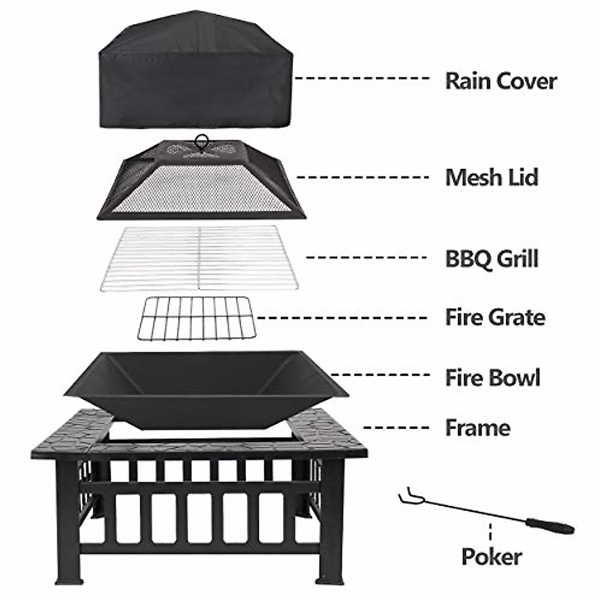 ZENY 32" Outdoor Fire Pit Square Table Metal Firepit Table Backyard Patio Garden Stove Wood Burning Fireplace w/ Waterproof Cover, Spark Screen and Poker