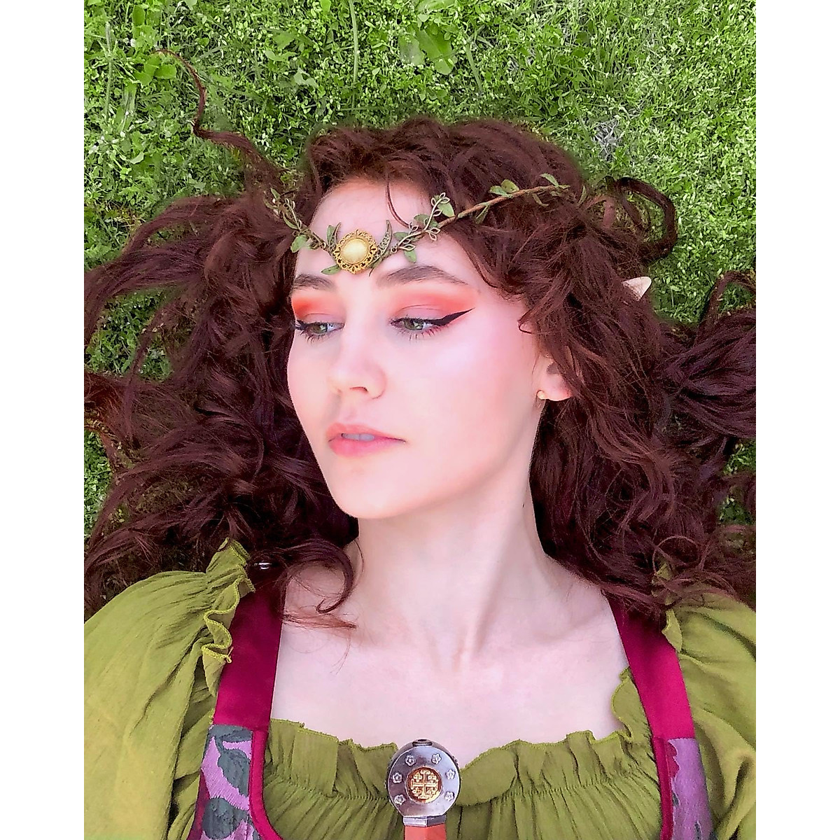 MOSTORY Handmade Elf Moon Crown - Fairy Flower Headpiece Woodland Circlet Elven Floral Headband for Women Girls Renaissance Forest Princess Wedding Bridal Cosplay Bronze Green