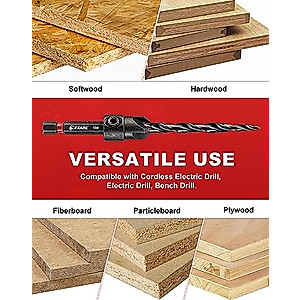 EZARC Wood Countersink Drill Bit Set, 4, 6, 8, 10 Tapered Drill Bits, with 1/4" Hex Shank, Counter Sinker Set for Woodworking and Carpentry