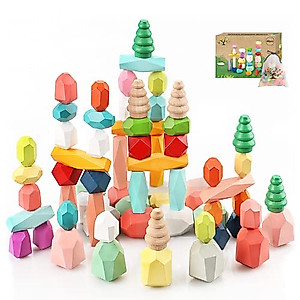 48PCS Toddler Wooden Stacking Building Blocks Montessori Toys for 1 2 3 4 5 6 Year Old Girls Boys Preschool Educational Sensory Toys for Toddlers 1-3 STEM Learning Toys Ages 2-4 Kids Toys Games Gift
