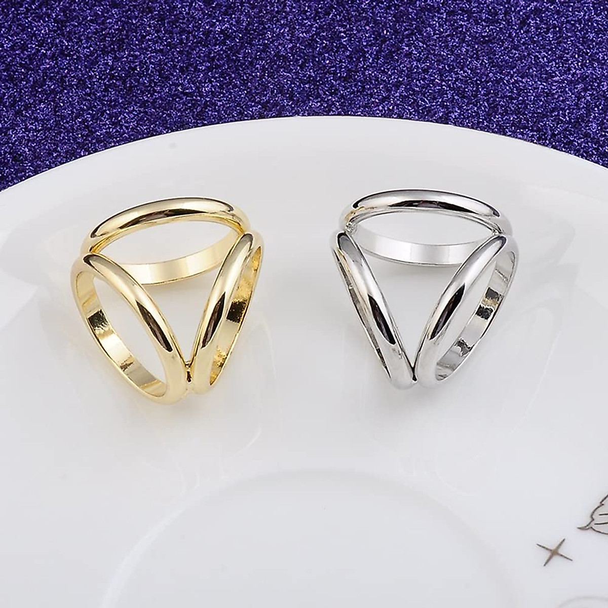 2PCS(Golden + Silver) Women Lady Girls Three Ring Fashion Scarf Ring Buckle Modern Simple Triple Slide Jewelry Silk Scarf Clasp Clips Clothing Wrap Holder