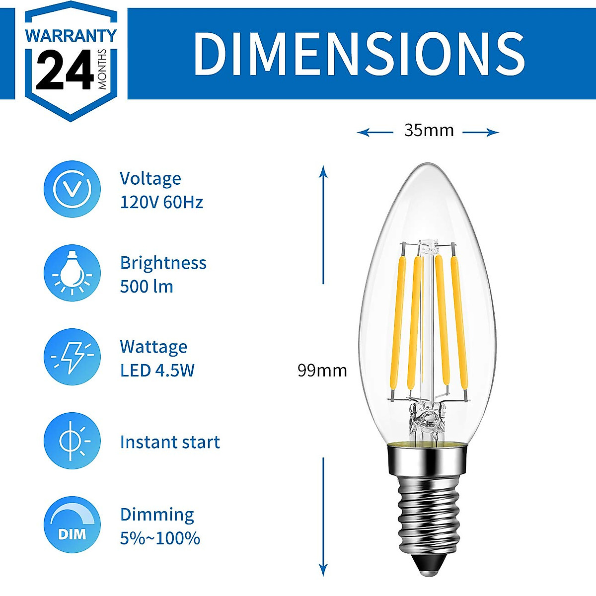 ANWIO B11 LED Filament Bulb E12 Candelabra Base 4.5W(60W Equivalent), Dimmable 2700K Warm White Chandelier Decorative Candle Light Bulb, B11 Chandelier Light Bulbs (12-Pack)