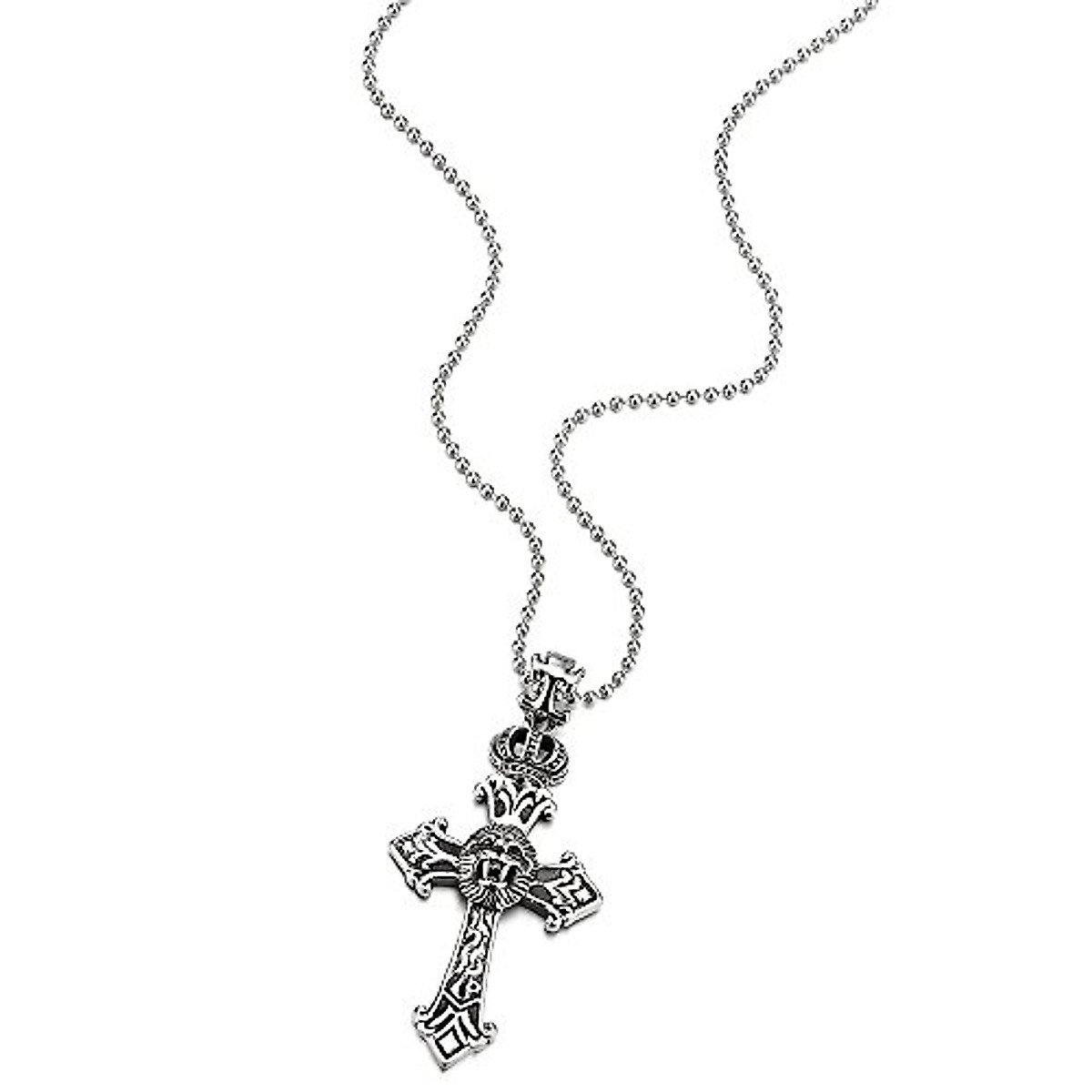 COOLSTEELANDBEYOND Stainless Steel Vintage Crown Lion Head Cross Pendant Necklace for Men Women, 30 inches Ball Chain