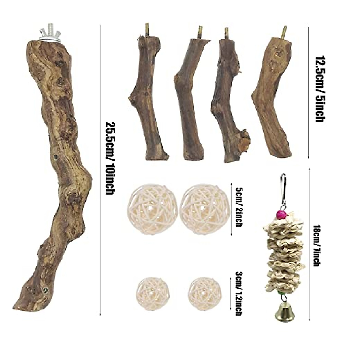 Allazone 6 PCS Bird Perch Natural with Chewing Toys Natural Grapevine Bird Stand Grape Stick Natural Bird Parrot Perch Standfor Parrots, Parakeets Cockatiels, Conures, Macaws, Love Birds