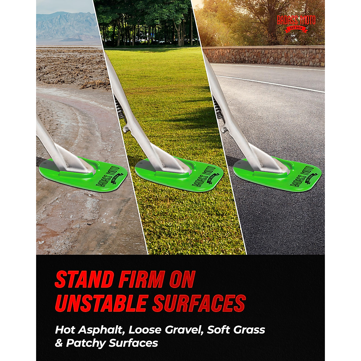 Badass Moto Motorcycle Kickstand Pads - Motorcycle Pads Durable Motorcycle Kickstand Plate, Biker Kick Stand, Motorcycle Stand Pad - Park Your Bike on Hot Pavement, Grass, Soft Ground - Go Fast Green