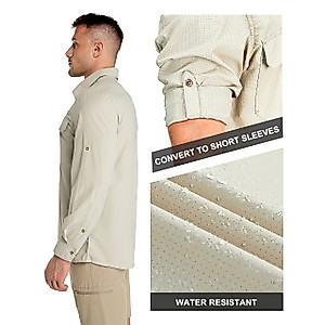 33,000ft Men's Long Sleeve Sun Protection Shirt UPF 50+ UV Quick Dry Cooling Fishing Shirts for Travel Safari Camping Hiking Khaki