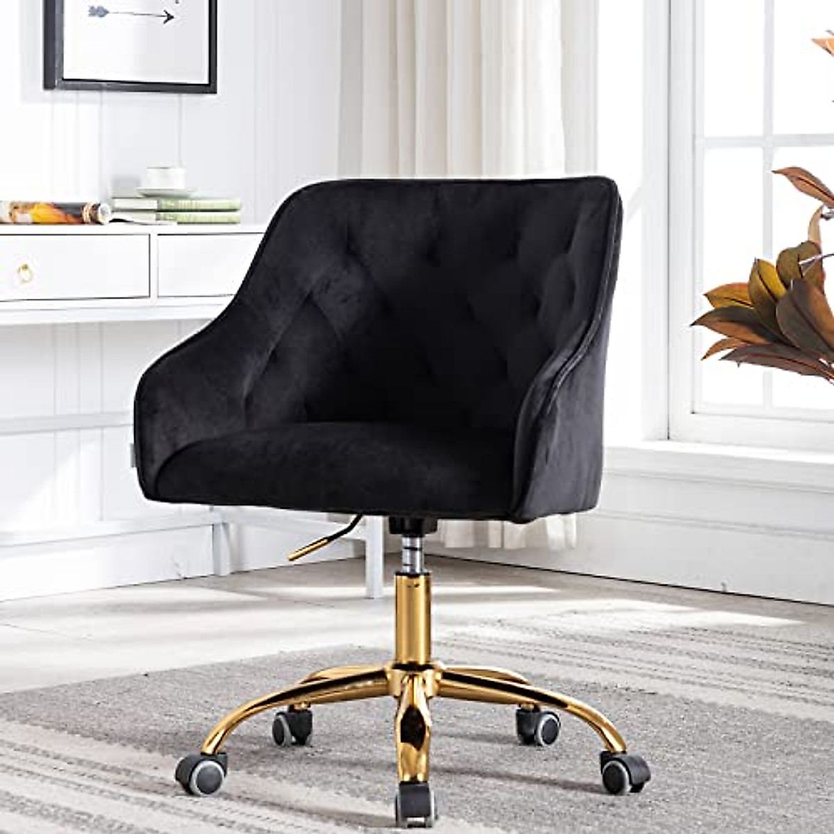 Recaceik Modern Velvet Home Office Chair, Adjustable Leisure Swivel Desk Chairs with High Back 360 Degree Castor Gold Wheels for Living Room/Bedroom/Office