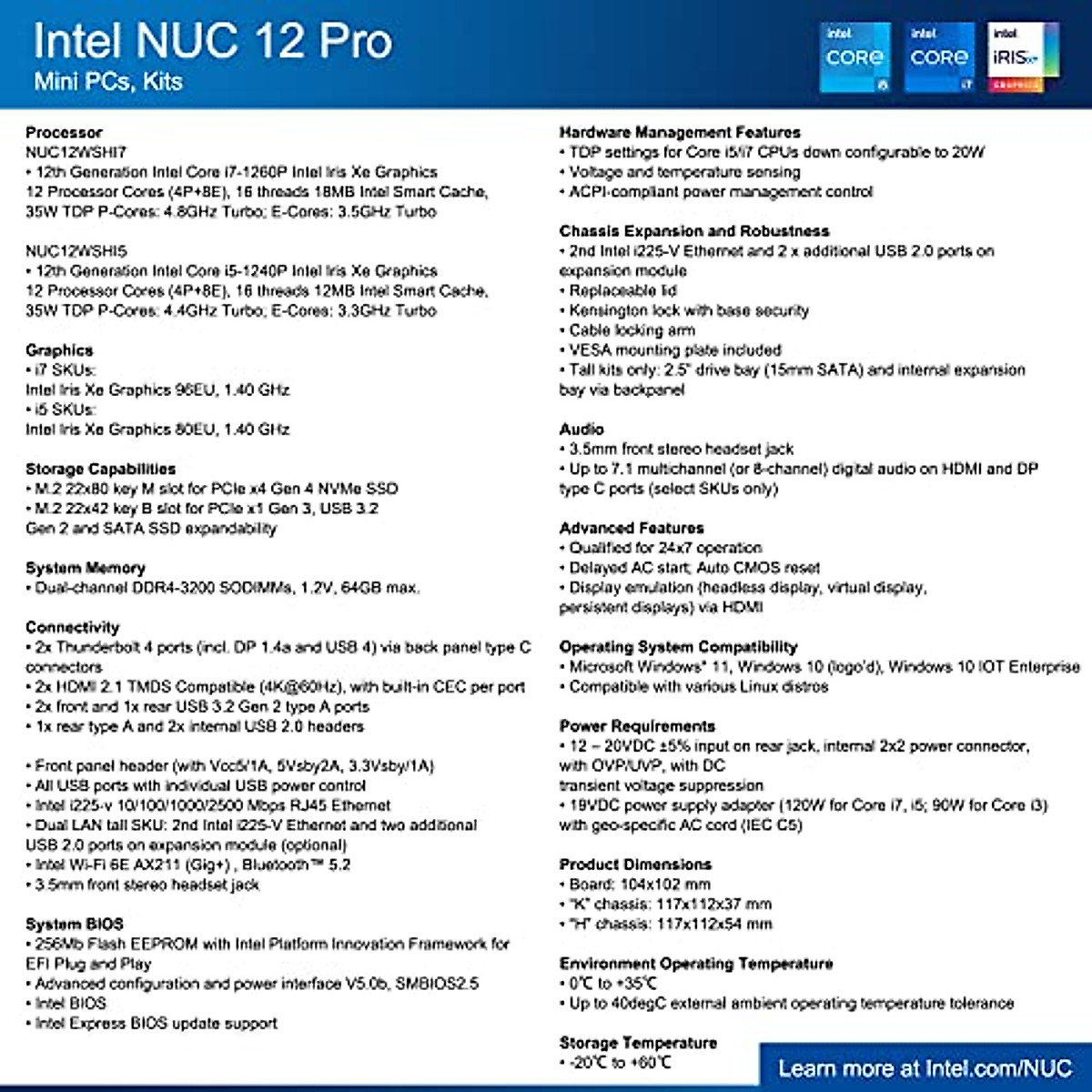 Intel NUC 12 NUC12WSHi7 Wall Street Canyon Mini Computer 12th Gen Intel Core i7-1260P, 12 Cores(4P+8E), 16 Threads, 18MB Intel Smart Cache, Intel Iris Xe Graphics,32GB RAM, 1TB PCIe SSD, Win 11 Pro